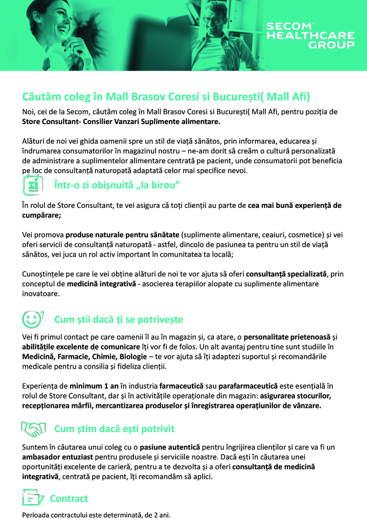 Consilier Suplimente Mall Afi si Mall Brasov Coresi - Aplica pe eJobs